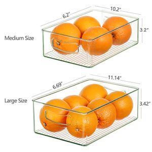 JOOFLI 6 Pack Refrigerator Organizer Bins Pantry Stackable Clear Plastic Storage Containers 3 Large and 3 Medium with 20 PCS Food Storage Bags for Fridge, Freezer, Kitchen Cabinet