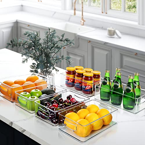 JOOFLI 6 Pack Refrigerator Organizer Bins Pantry Stackable Clear Plastic Storage Containers 3 Large and 3 Medium with 20 PCS Food Storage Bags for Fridge, Freezer, Kitchen Cabinet