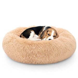 nobleza dog beds for small dogs, washable soft round fluffy donut self warming cat bed, anti-anxiety cuddler dog calming bed for indoor snoozer & snuggle, 23" x 23" x 7", cashmere