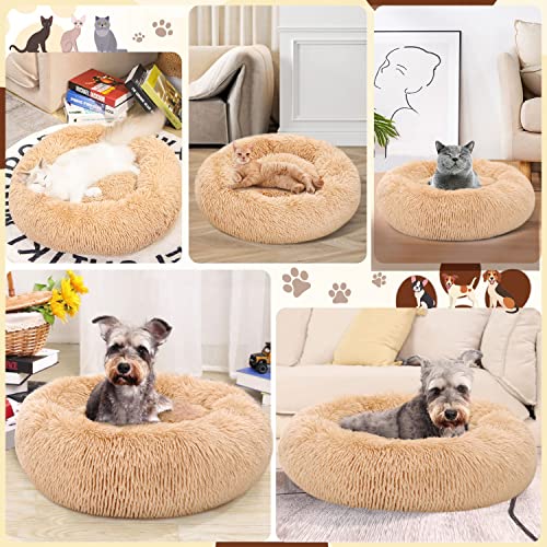 Nobleza Dog Beds for Small Dogs, Washable Soft Round Fluffy Donut Self Warming Cat Bed, Anti-Anxiety Cuddler Dog Calming Bed for Indoor Snoozer & Snuggle, 23" x 23" x 7", Cashmere