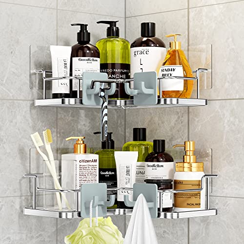 Thideewiz 2 Pack Corner Shower Caddy, Stainless Steel Wall Mounted Bathtub Shelves with 4 Plastic Hooks and 6 Adhesives, No-drilling Adhesive Bathroom Organizer Only for 90 Degrees Right Angle