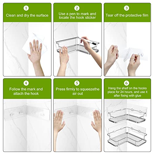 Thideewiz 2 Pack Corner Shower Caddy, Stainless Steel Wall Mounted Bathtub Shelves with 4 Plastic Hooks and 6 Adhesives, No-drilling Adhesive Bathroom Organizer Only for 90 Degrees Right Angle