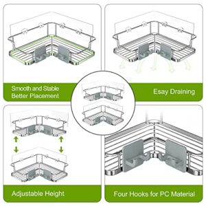 Thideewiz 2 Pack Corner Shower Caddy, Stainless Steel Wall Mounted Bathtub Shelves with 4 Plastic Hooks and 6 Adhesives, No-drilling Adhesive Bathroom Organizer Only for 90 Degrees Right Angle