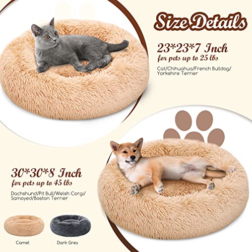 Nobleza Dog Beds for Small Dogs, Washable Soft Round Fluffy Donut Self Warming Cat Bed, Anti-Anxiety Cuddler Dog Calming Bed for Indoor Snoozer & Snuggle, 23" x 23" x 7", Cashmere