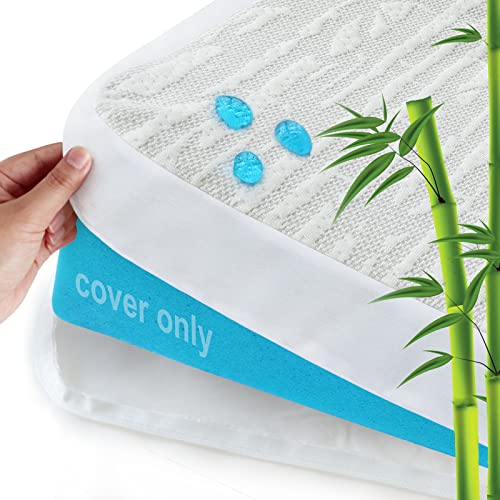 Mattress Topper Cover Protector Queen Size 2 Inch, 100% Waterproof Bamboo Cooling Mattress Topper Encasement Zippered with Adjustable Straps, Washable Fit Memory Foam Mattress Topper (Cover Only)