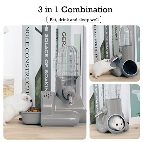 SEIS 3 in 1 Hamster Drinking Fountain Food Bowl and Hideout Small Pet Automatic Water Bottle Young Guinea Pig Water Dispenser for Gerbils Mice Juvenile Rat Chinchilla Ferret Hedgehog (Grey)