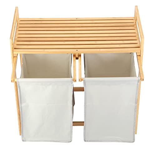 lesolar Bamboo Laundry Hamper and Shelf, 2 Sections Laundry Basket with Removable Liner and Sliding Handles, Dual Compartments Laundry Organizer and Storage for Bathroom Bedroom Living Room