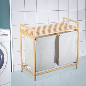 lesolar Bamboo Laundry Hamper and Shelf, 2 Sections Laundry Basket with Removable Liner and Sliding Handles, Dual Compartments Laundry Organizer and Storage for Bathroom Bedroom Living Room