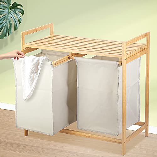 lesolar Bamboo Laundry Hamper and Shelf, 2 Sections Laundry Basket with Removable Liner and Sliding Handles, Dual Compartments Laundry Organizer and Storage for Bathroom Bedroom Living Room