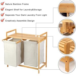 lesolar Bamboo Laundry Hamper and Shelf, 2 Sections Laundry Basket with Removable Liner and Sliding Handles, Dual Compartments Laundry Organizer and Storage for Bathroom Bedroom Living Room