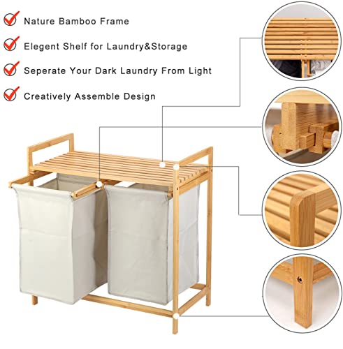 lesolar Bamboo Laundry Hamper and Shelf, 2 Sections Laundry Basket with Removable Liner and Sliding Handles, Dual Compartments Laundry Organizer and Storage for Bathroom Bedroom Living Room