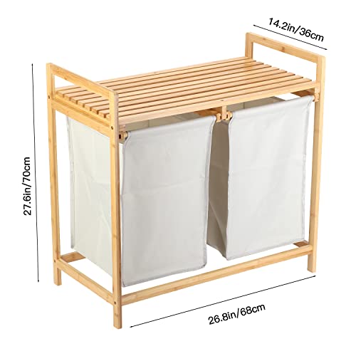 lesolar Bamboo Laundry Hamper and Shelf, 2 Sections Laundry Basket with Removable Liner and Sliding Handles, Dual Compartments Laundry Organizer and Storage for Bathroom Bedroom Living Room