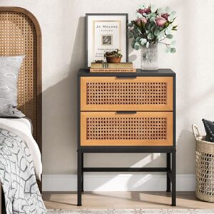 Tribesigns Nightstands with Rattan Drawers, Modern Wood Night Stands, Bedside Table with Storage, Black 2 Drawers End Table, Vintage Sofa Side Table, Retro Bed Side Table Bedroom Living Room(PCS 2)