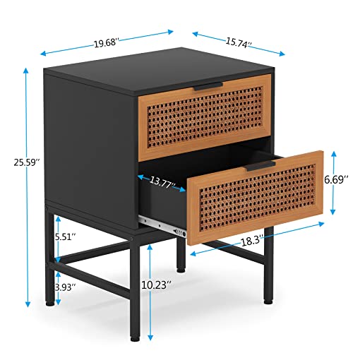 Tribesigns Nightstands with Rattan Drawers, Modern Wood Night Stands, Bedside Table with Storage, Black 2 Drawers End Table, Vintage Sofa Side Table, Retro Bed Side Table Bedroom Living Room(PCS 2)