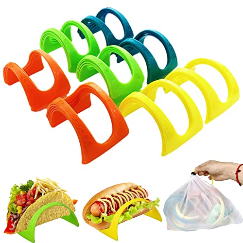 AOUXSEEM 32 Pack Taco Holder Stands with Storage Bag, Non-Toxic BPA Free Plastic Colorful Flat Bottom Taco Tray Plate Racks Party Supplies for Tortillas Burritos Hot Dog, Stand on Table, Stackable