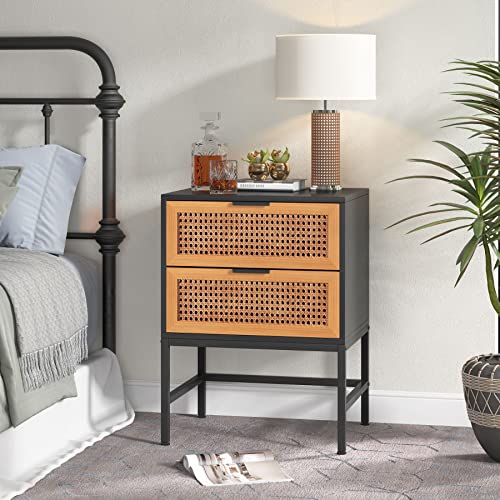 Tribesigns Nightstands with Rattan Drawers, Modern Wood Night Stands, Bedside Table with Storage, Black 2 Drawers End Table, Vintage Sofa Side Table, Retro Bed Side Table Bedroom Living Room(PCS 2)