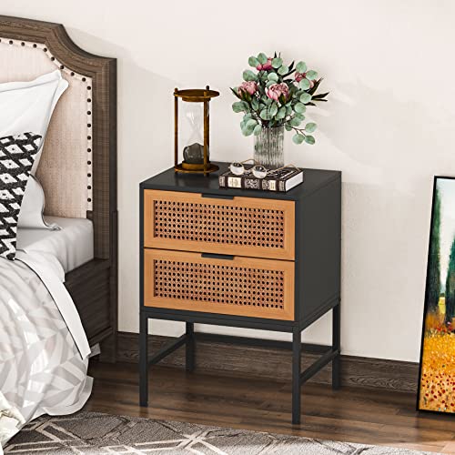 Tribesigns Nightstands with Rattan Drawers, Modern Wood Night Stands, Bedside Table with Storage, Black 2 Drawers End Table, Vintage Sofa Side Table, Retro Bed Side Table Bedroom Living Room(PCS 2)