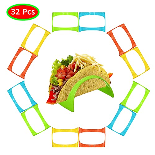 AOUXSEEM 32 Pack Taco Holder Stands with Storage Bag, Non-Toxic BPA Free Plastic Colorful Flat Bottom Taco Tray Plate Racks Party Supplies for Tortillas Burritos Hot Dog, Stand on Table, Stackable