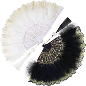 2 pieces feather hand fan embroidered flower marabou feather fan 1920s feather fan hand fan folding hand fan drag queen fan for 20s women costume party dancing photoshoot wedding decor (white, black)