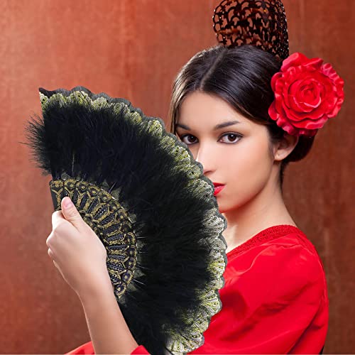 2 Pieces Feather Hand Fan Embroidered Flower Marabou Feather Fan 1920s Feather Fan Hand Fan Folding Hand Fan Drag Queen Fan for 20s Women Costume Party Dancing Photoshoot Wedding Decor (White, Black)