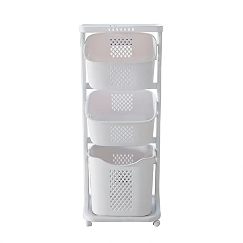 3 Tiers Laundry Basket Plastic Clothes Hamper Movable Clothes Hamper Bathroom Hampers for Laundry Rolling Cart Household Clothes Storage Basket Laundry Hamper Storage Shelf Kitchen Shelf Fruit Stand