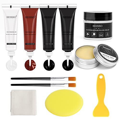 SEISSO Leather Repair Kit for Furniture, Vinyl Repair Kit, Leather Dye with Mink Oil, Leather Repair Filler - Restorer of Scratch, Tears, Burn Holes, Leather Repair Gel for Couches, Car Seats, Shoes