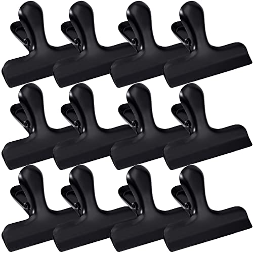 12 Pack Stainless Steel Chip Bag Clips,Chip Clips 3 Inch Wide,Metal Food Bag Clips Heavy Duty,Round Edge Air Tight Seal Grips on Coffee Food Bread Bags,Food Clips for Office Kitchen Home Usage (Black)