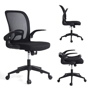 ergonomic office chair desk chairs with wheels and arms, breathable mesh computer desk chair with lumbar support, flip-up arms/foldable backrest/adjustable height/mid back task chair (black)