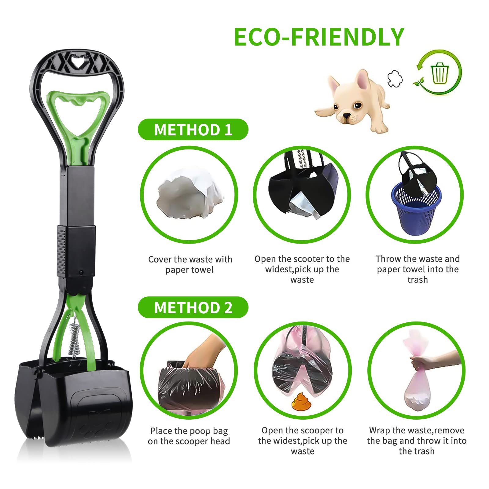 HEAPETBON 17.7" Pooper Scooper for Dogs, Folding Poop Scoop for Long Handle, Stable Jaw Scoop Easy for Small Pet Poop, Grass and Gravel Pick Up - Green