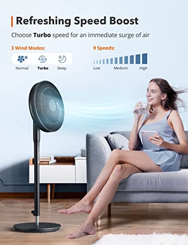 Standing Pedestal Fan, Floor Fan For Home/Bedroom With Remote Control & Touch-Screen, PATENT Wind Changing With Temp, Oscillating Standing Multi-Functional Fan, Ultra Quiet, 9 Speeds & Turbo