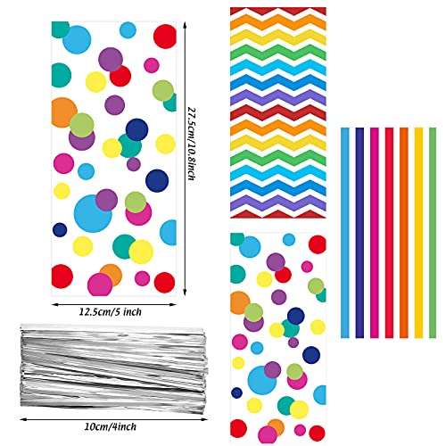 Rainbow Cellophane Treat Bags, Polka Dot Stripes Printed Pattern Goodie Candy Favor Bags with Twist Ties for Pride Day Kids School Lunches Baby Shower Birthday Party Supplies (105 Pieces) (180 Pieces)