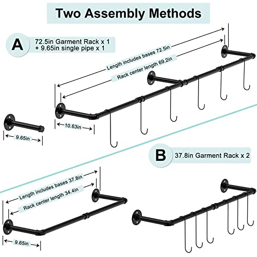 Folews Industrial Pipe Clothes Rack-38 Inch Clothing Rack Wall Mounted Heavy Duty Pipe Shelves for Hanging Clothes Coats Laundry Room Organizer Storage Hanger Shelf Space Saving (2Pack)