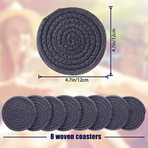 8 Pack Handmade Braided Drink Coasters Heat-Resistant Drink Coasters Boho Absorbent Coaster Minimalist Cotton Woven Coaster Set for Home Decor Tabletop Protection for Suitable Kinds of Cups (Grey)