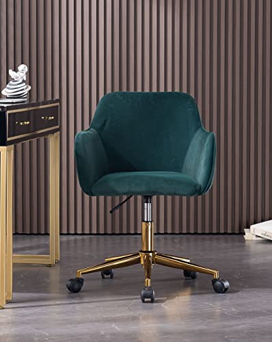 Henf Velvet Office Chair, 360° Swivel Chair Home Desk Chair Tufted Vanity Chair with Elegant Gold Base, Soft Small Task Chair for Kids Student, Living Room Bedroom Furniture (style10-Green)