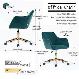 Henf Velvet Office Chair, 360° Swivel Chair Home Desk Chair Tufted Vanity Chair with Elegant Gold Base, Soft Small Task Chair for Kids Student, Living Room Bedroom Furniture (style10-Green)