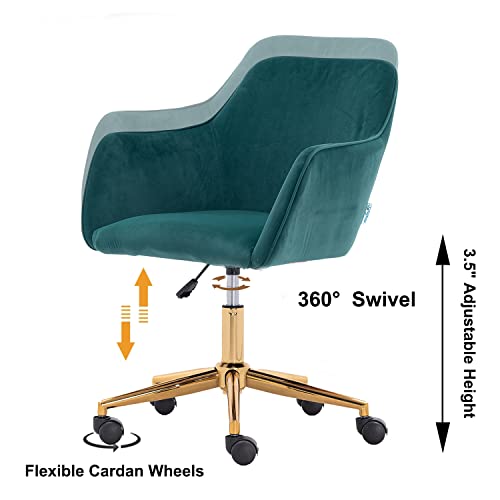 Henf Velvet Office Chair, 360° Swivel Chair Home Desk Chair Tufted Vanity Chair with Elegant Gold Base, Soft Small Task Chair for Kids Student, Living Room Bedroom Furniture (style10-Green)