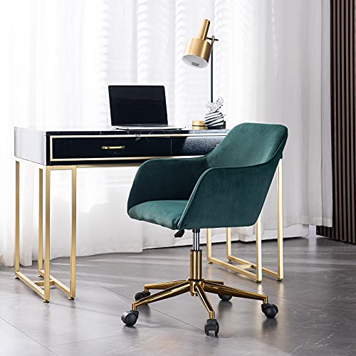 Henf Velvet Office Chair, 360° Swivel Chair Home Desk Chair Tufted Vanity Chair with Elegant Gold Base, Soft Small Task Chair for Kids Student, Living Room Bedroom Furniture (style10-Green)