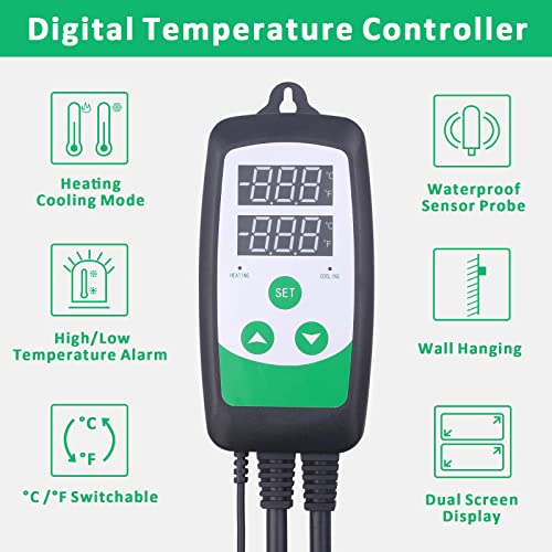 AIICIOO Digital Temperature Controller Heating Cooling - Reptile Thermostat Controlled 2-Stage Outlet Aquarium Temperature Controller for Reptiles Seeding Fermentation Greenhouse Homebrew