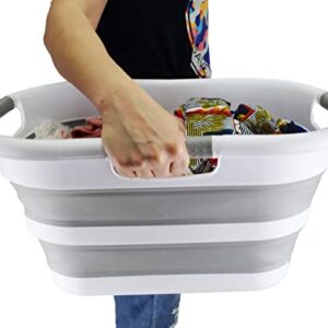 SAMMART 30L (7.9 gallon) Collapsible Plastic Laundry Basket - Foldable Pop Up Storage Container/Organizer - Portable Washing Tub - Space Saving Hamper/Basket (1, White/Grey)