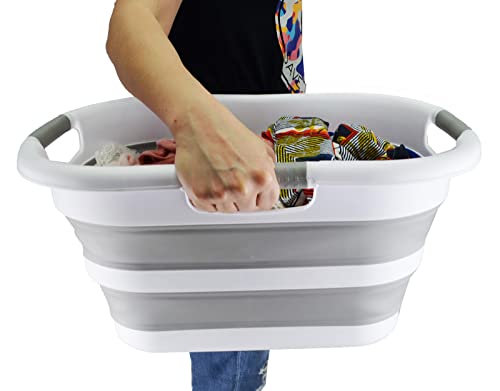 SAMMART 30L (7.9 gallon) Collapsible Plastic Laundry Basket - Foldable Pop Up Storage Container/Organizer - Portable Washing Tub - Space Saving Hamper/Basket (1, White/Grey)