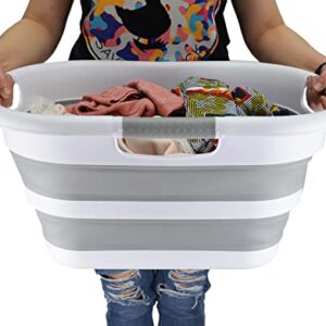 SAMMART 30L (7.9 gallon) Collapsible Plastic Laundry Basket - Foldable Pop Up Storage Container/Organizer - Portable Washing Tub - Space Saving Hamper/Basket (1, White/Grey)