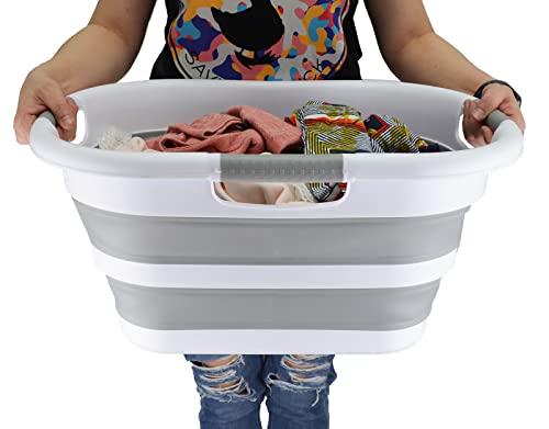 SAMMART 30L (7.9 gallon) Collapsible Plastic Laundry Basket - Foldable Pop Up Storage Container/Organizer - Portable Washing Tub - Space Saving Hamper/Basket (1, White/Grey)