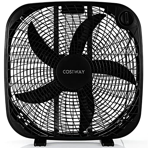 COSTWAY 3-Speed Box Fan, 20 Inches Portable Floor Fan with Knob Control, 2 Supporting Feet, Compact Lightweight Cooling Fan for Full-Force Circulation, Quiet Operation for Home Office Garage, Black