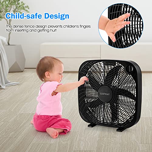 COSTWAY 3-Speed Box Fan, 20 Inches Portable Floor Fan with Knob Control, 2 Supporting Feet, Compact Lightweight Cooling Fan for Full-Force Circulation, Quiet Operation for Home Office Garage, Black