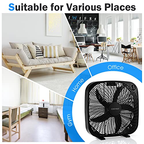 COSTWAY 3-Speed Box Fan, 20 Inches Portable Floor Fan with Knob Control, 2 Supporting Feet, Compact Lightweight Cooling Fan for Full-Force Circulation, Quiet Operation for Home Office Garage, Black