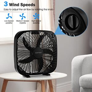 COSTWAY 3-Speed Box Fan, 20 Inches Portable Floor Fan with Knob Control, 2 Supporting Feet, Compact Lightweight Cooling Fan for Full-Force Circulation, Quiet Operation for Home Office Garage, Black