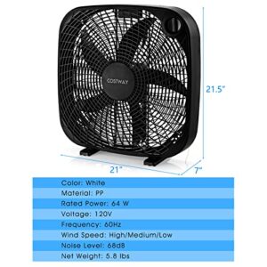 COSTWAY 3-Speed Box Fan, 20 Inches Portable Floor Fan with Knob Control, 2 Supporting Feet, Compact Lightweight Cooling Fan for Full-Force Circulation, Quiet Operation for Home Office Garage, Black