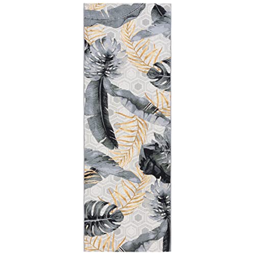 SAFAVIEH Barbados Collection Runner Rug - 2'8" x 8', Grey & Gold, Tropical Botanical Design, Non-Shedding & Easy Care, Indoor/Outdoor & Washable-Ideal for Patio, Backyard, Mudroom (BAR524F)