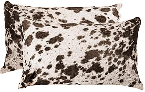 Set of 2, Natural Torino Cowhide Throw Pillows with Poly Insert | Kobe Accent Pillows Handcrafted from 100% Cow Hide, S&P Choco & White, 12 in x 20 in