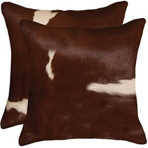 Set of 2, Natural Torino Cowhide Throw Pillows with Poly Insert | Kobe Accent Pillows Handcrafted from 100% Cow Hide, Brown & White, 18 in x 18 in